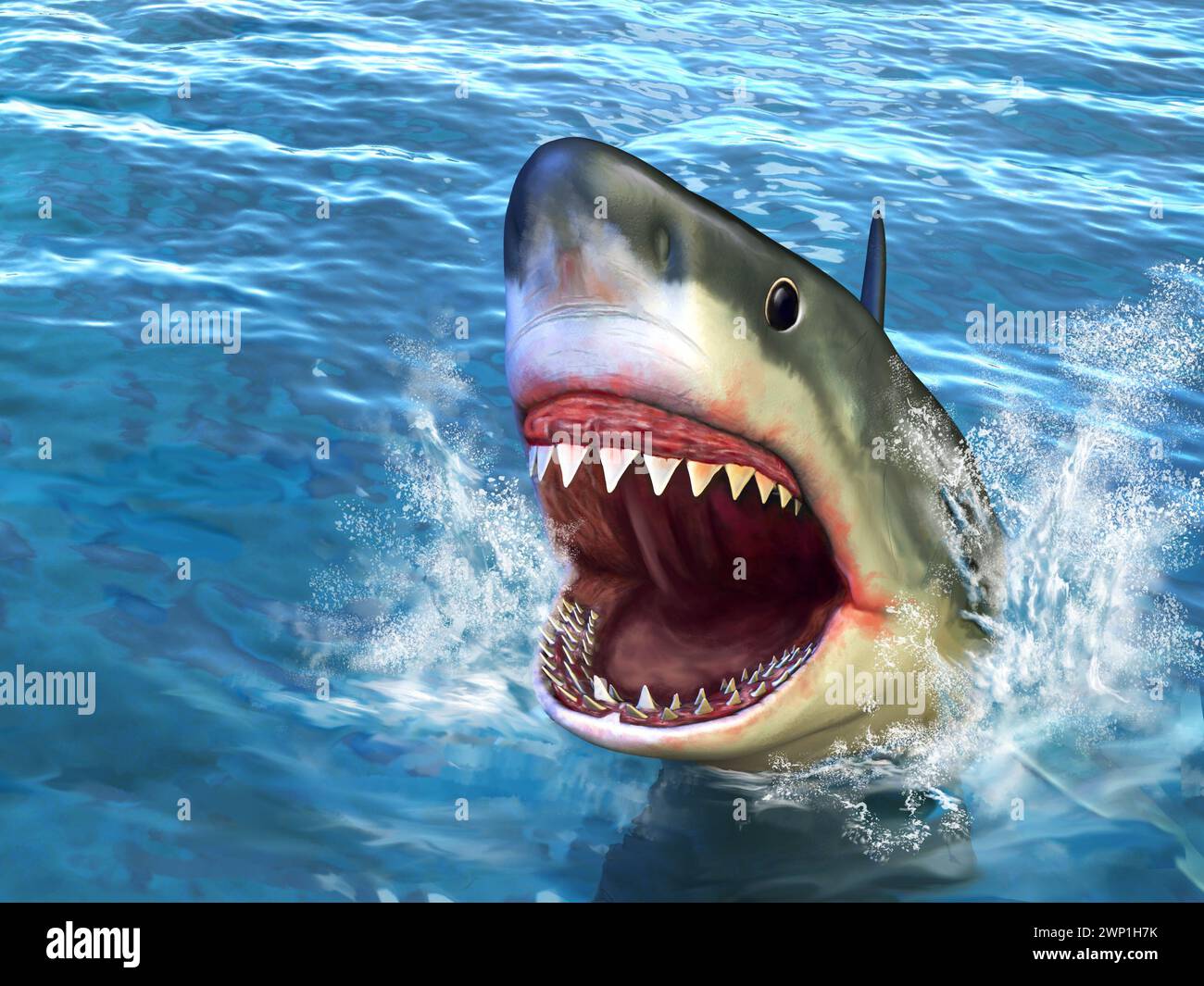 Great white shark jumping out of water with its open mouth. Digital ...