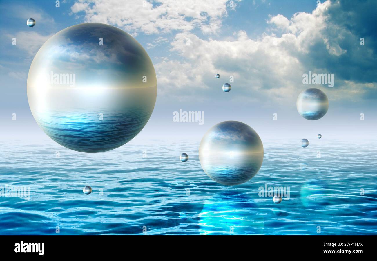 Metal spheres floating over a seascape. Digital illustration Stock ...