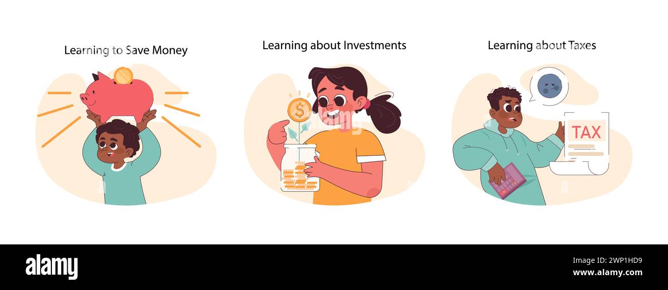 Financial Literacy set for kids. Youngsters learning saving, investment ...