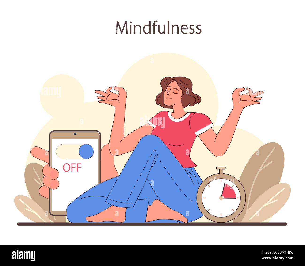 Digital detox. Character practicing mindfulness, reducing screen time ...