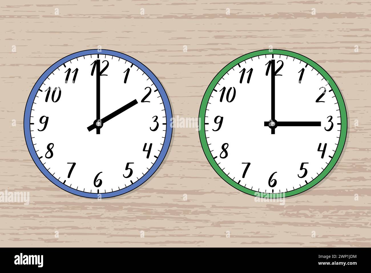 Illustration of two wall clocks on wood. The blue one symbolizes winter ...
