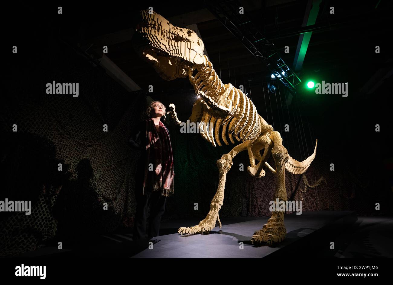 A person looks at a 6ft long Lego T-Rex, during the preview for the Art ...