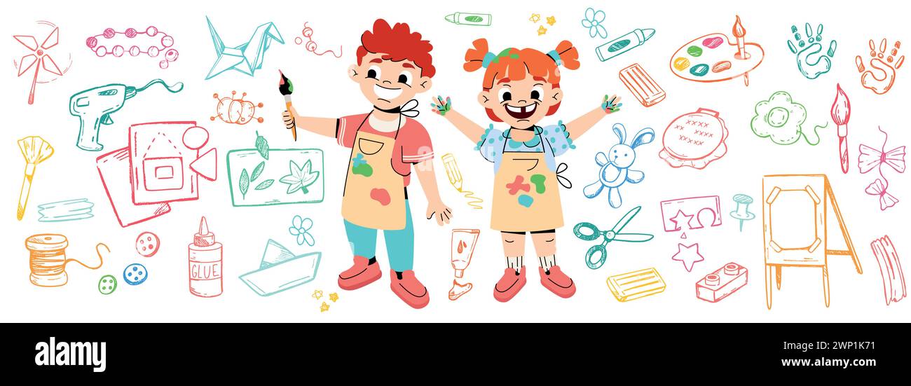 Funny cartoon children in kindergarten drawing with paints. Craft ...