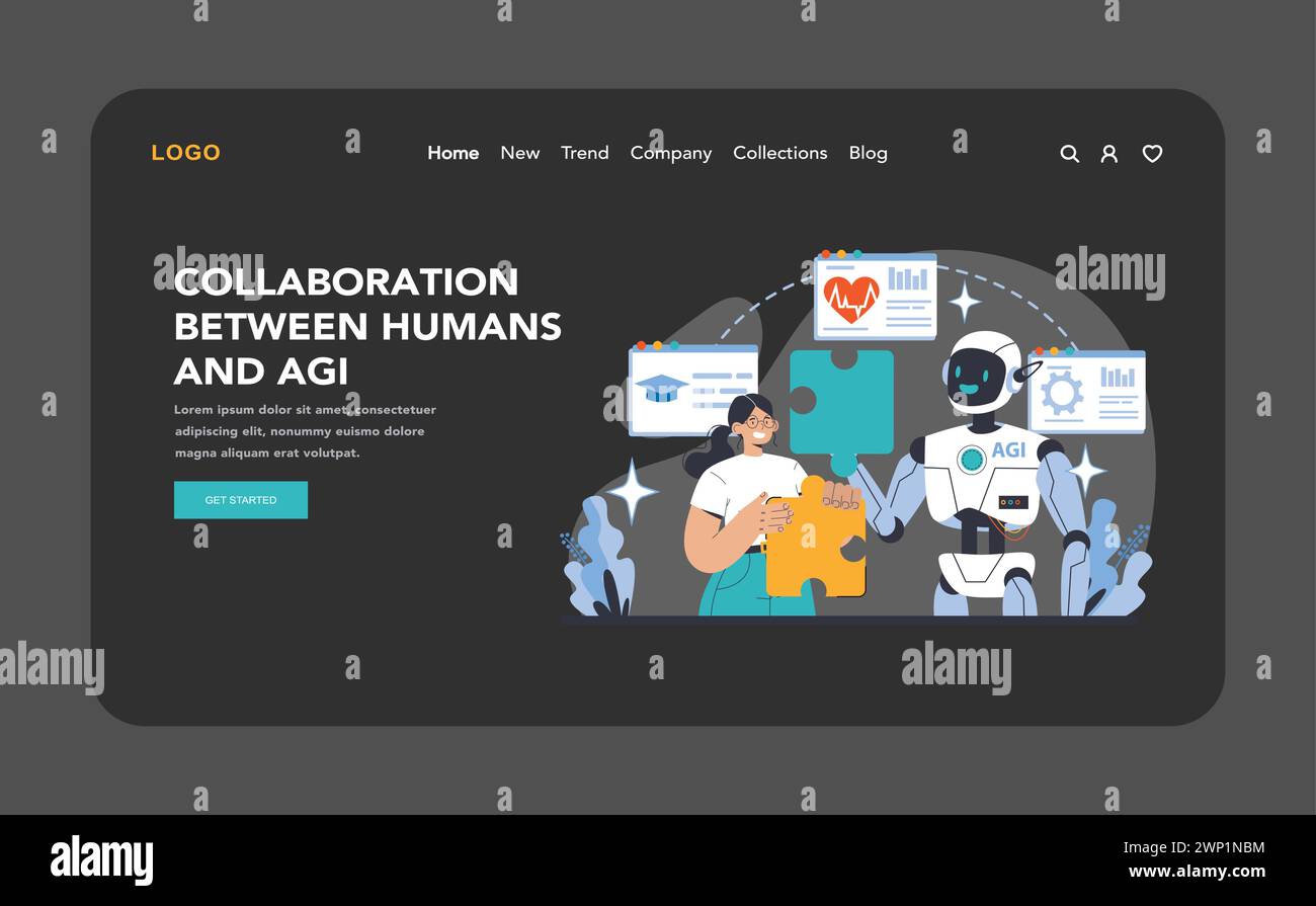 AGI night or dark mode web or landing page. Human-AI collaboration solving complex problems ...