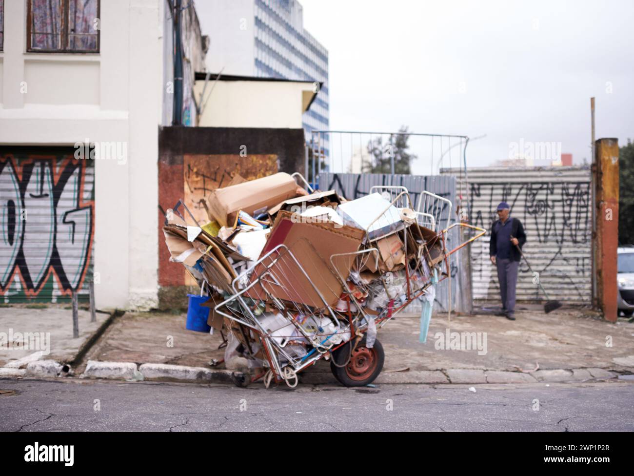 Garbage, cart and trash in street outdoor for waste management ...