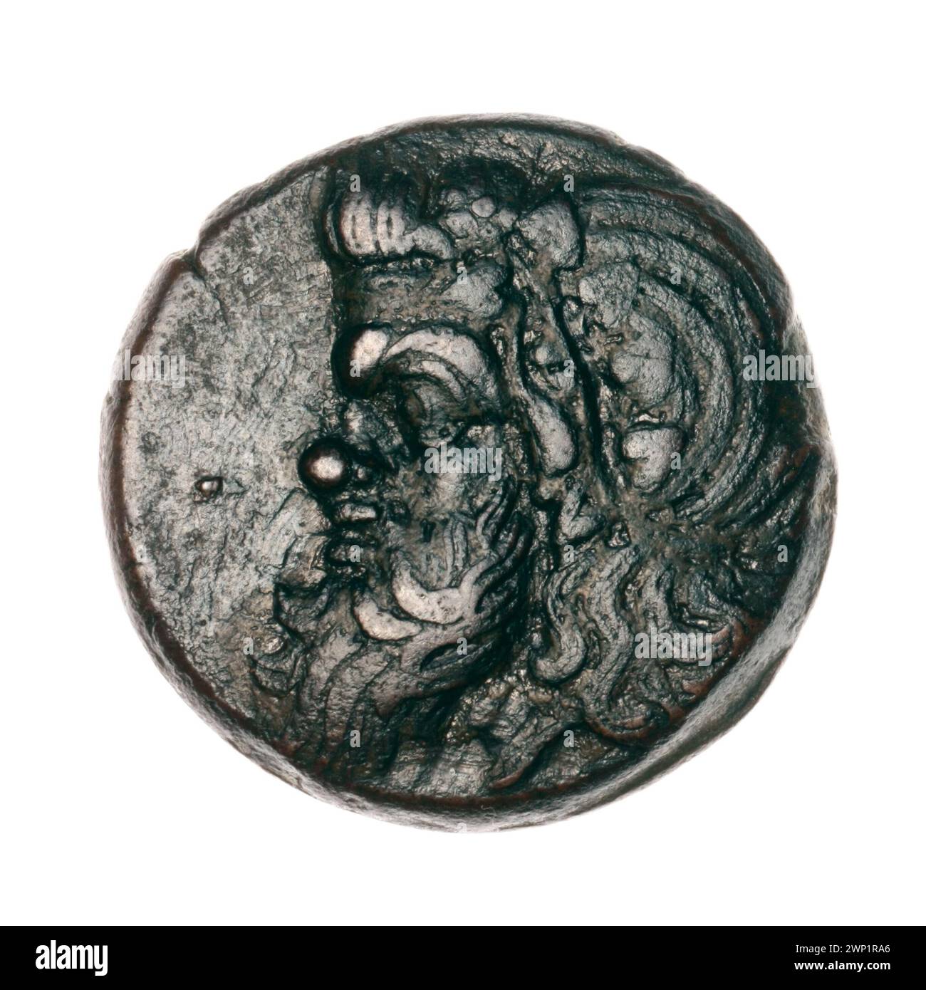 Ancient Pantikapaion brown coin dated 330-315 BC depicting satyr, bow ...
