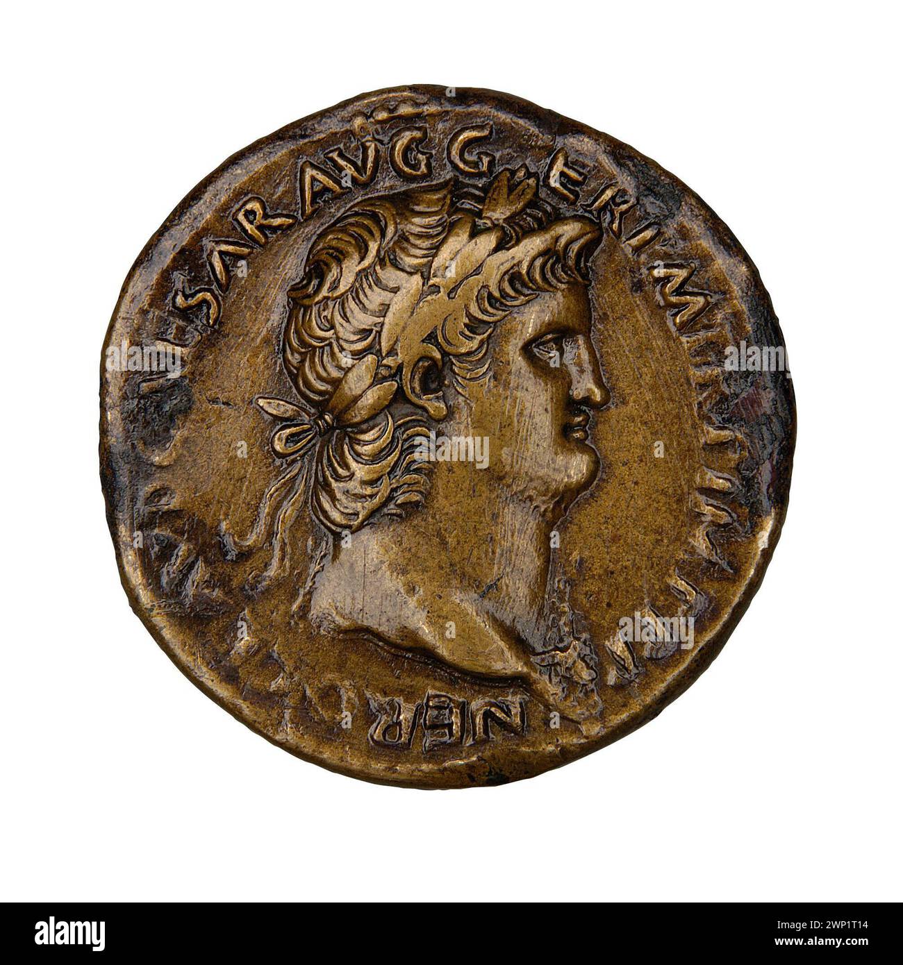This sesterce depicts Emperor Nero seated on armor and shields ...