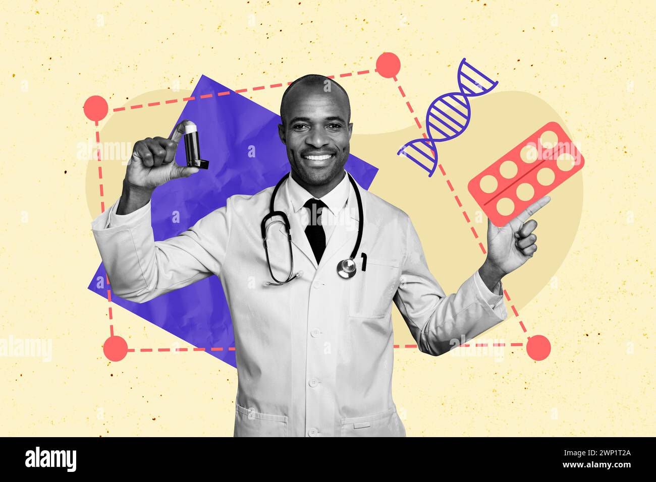 Collage image artwork of happy smiling successful doctor showing ...