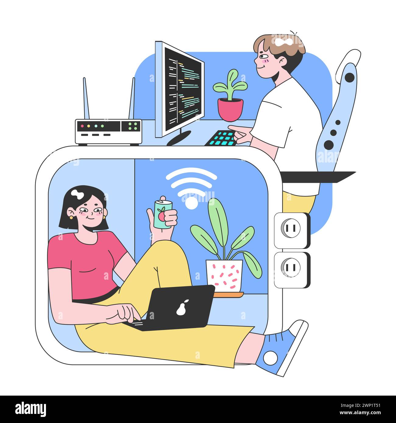 Digital workspace concept. Two professionals collaborating in a tech ...