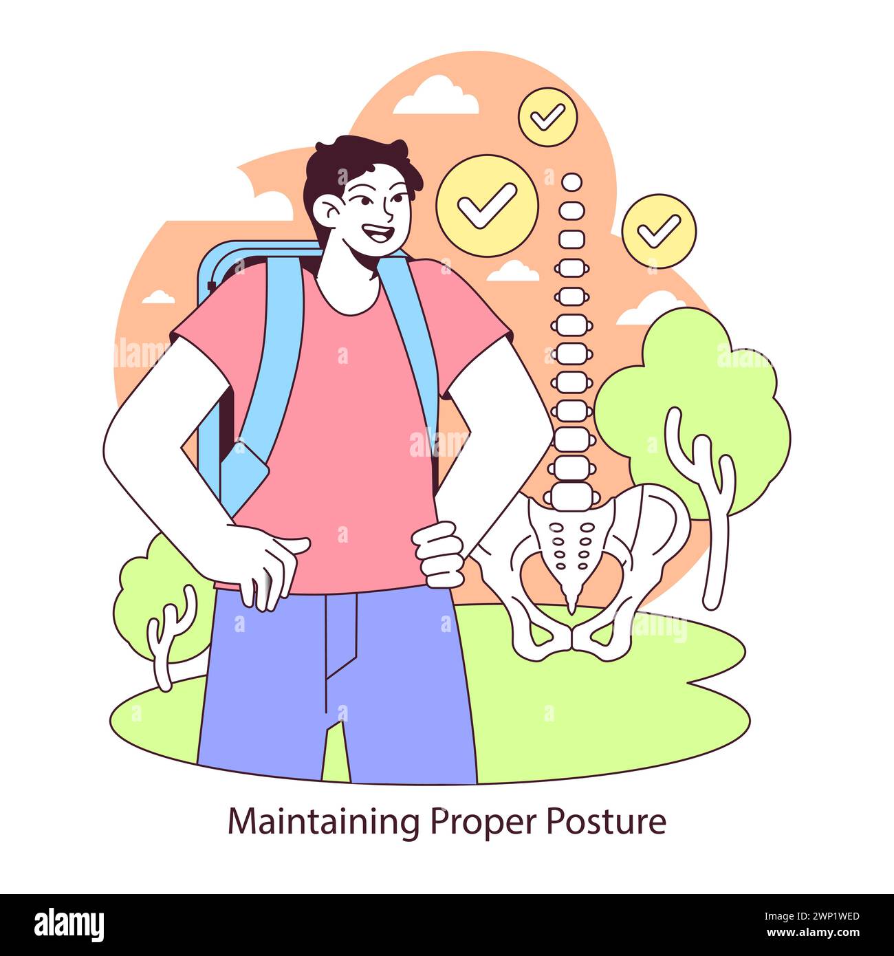 Posture alignment concept. A rucker showcases the importance of spinal alignment for an ...