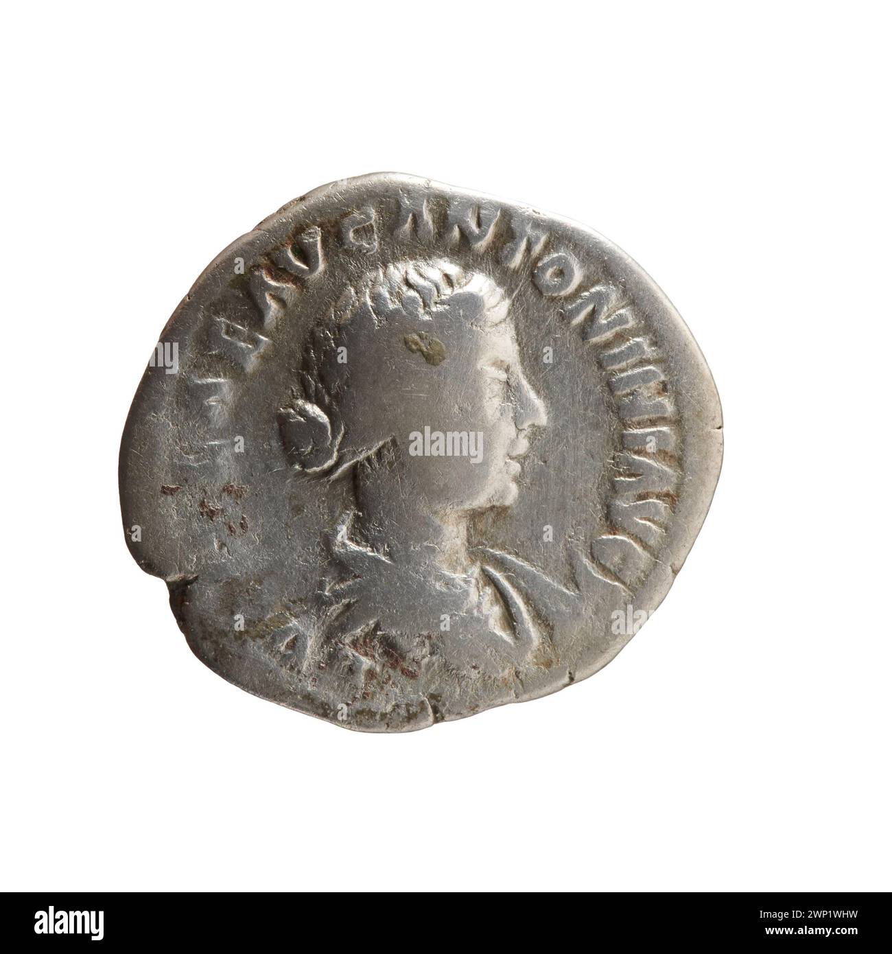 A Roman denarius coin from 164-169 depicting Emperor Lucius Verus and ...
