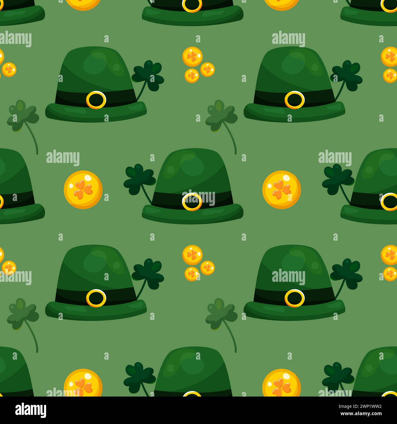 Seamless pattern for St. Patrick Day with green hats, gold coins and ...