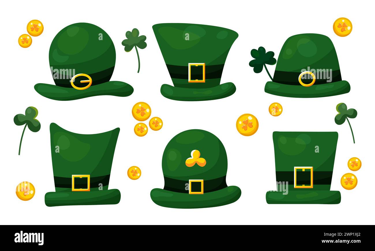 Set of green hats for St. Patrick Day with gold coins and clover twigs ...