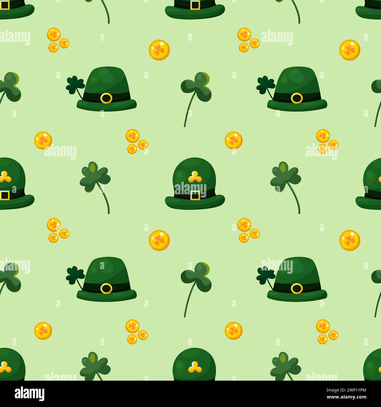 Seamless pattern for St. Patrick Day with green hats, gold coins and ...