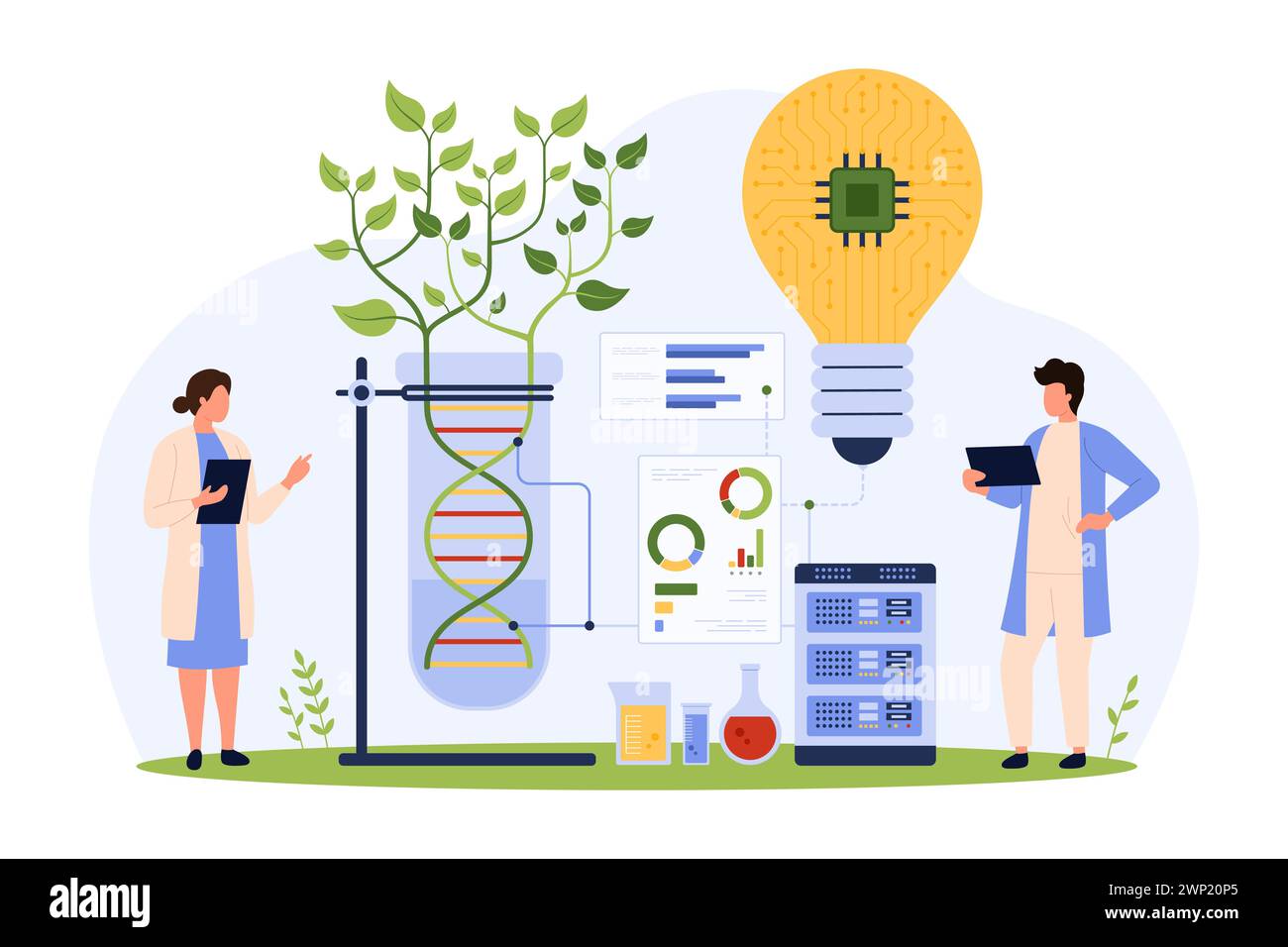 Genetic research and biotechnology for agriculture. Tiny people growing ...