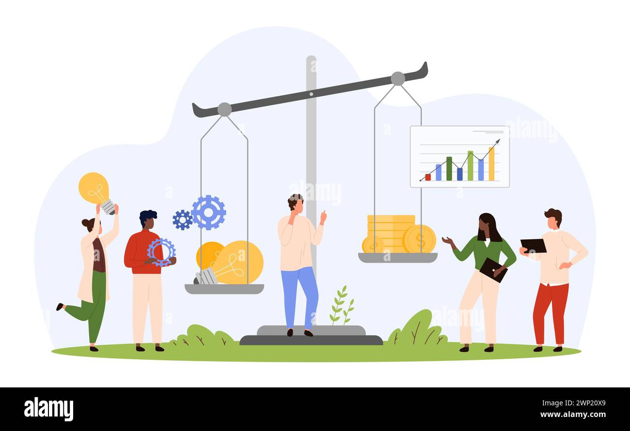 Comparison of investments and benefits from project. Tiny people weigh ...