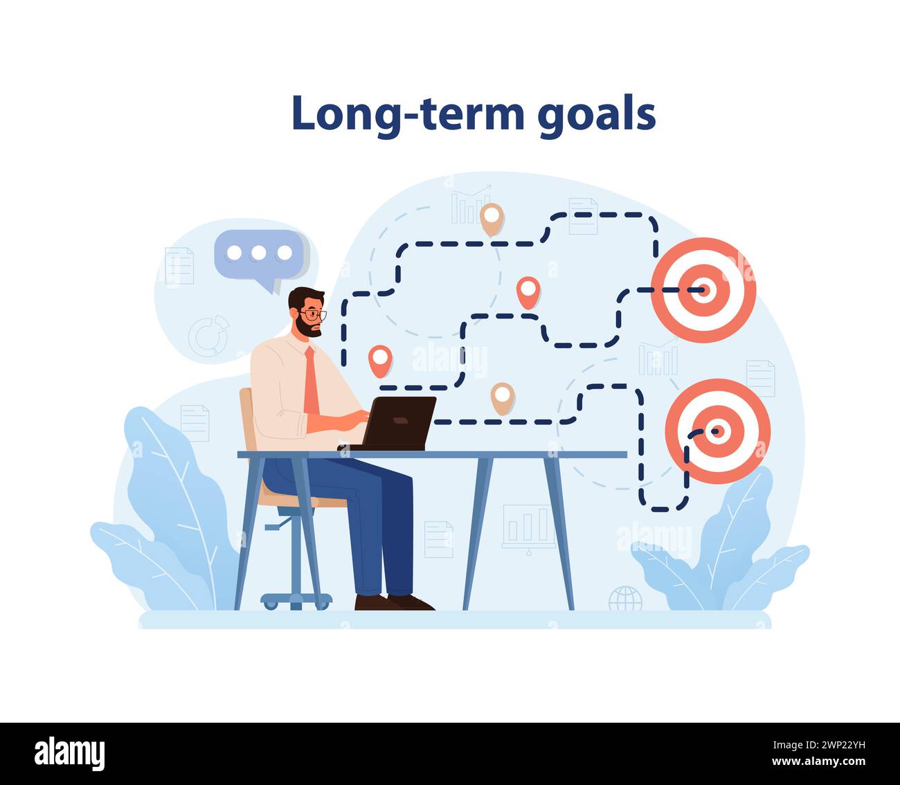 Long-term Goals concept. Man at desk visualizing future targets with ... Long-term Goals concept. Man at desk visualizing future targets with ...