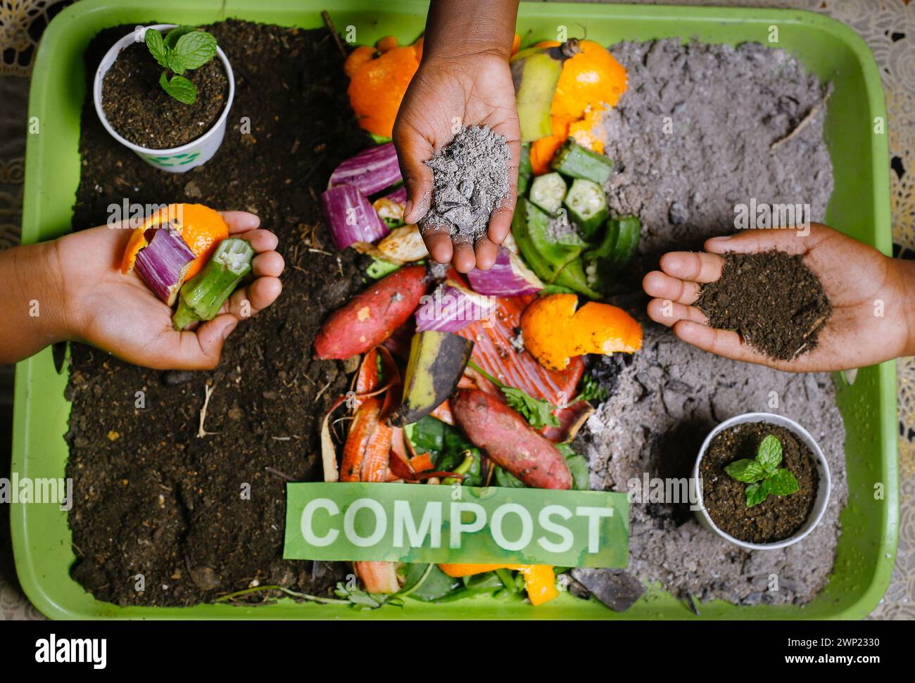 Children making composting in hand top view Stock Photo - Alamy