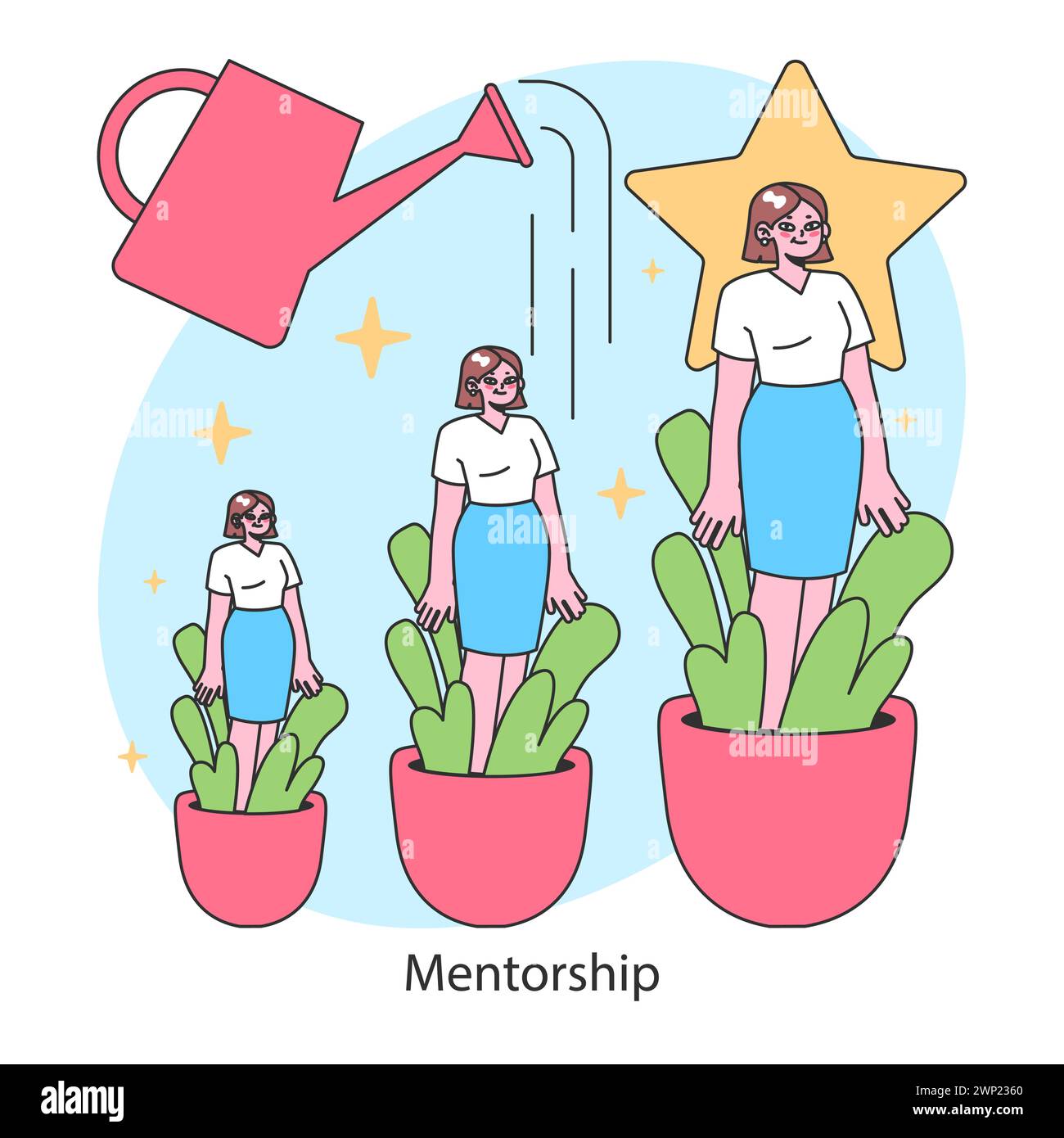Mentorship concept. Nurturing potential as a mentor waters growth, with a protege reaching a ...