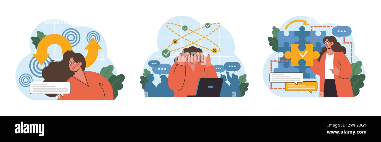 Problem Solving Set. Woman visualizes data flow, maps strategic moves ... Problem Solving Set. Woman visualizes data flow, maps strategic moves ...