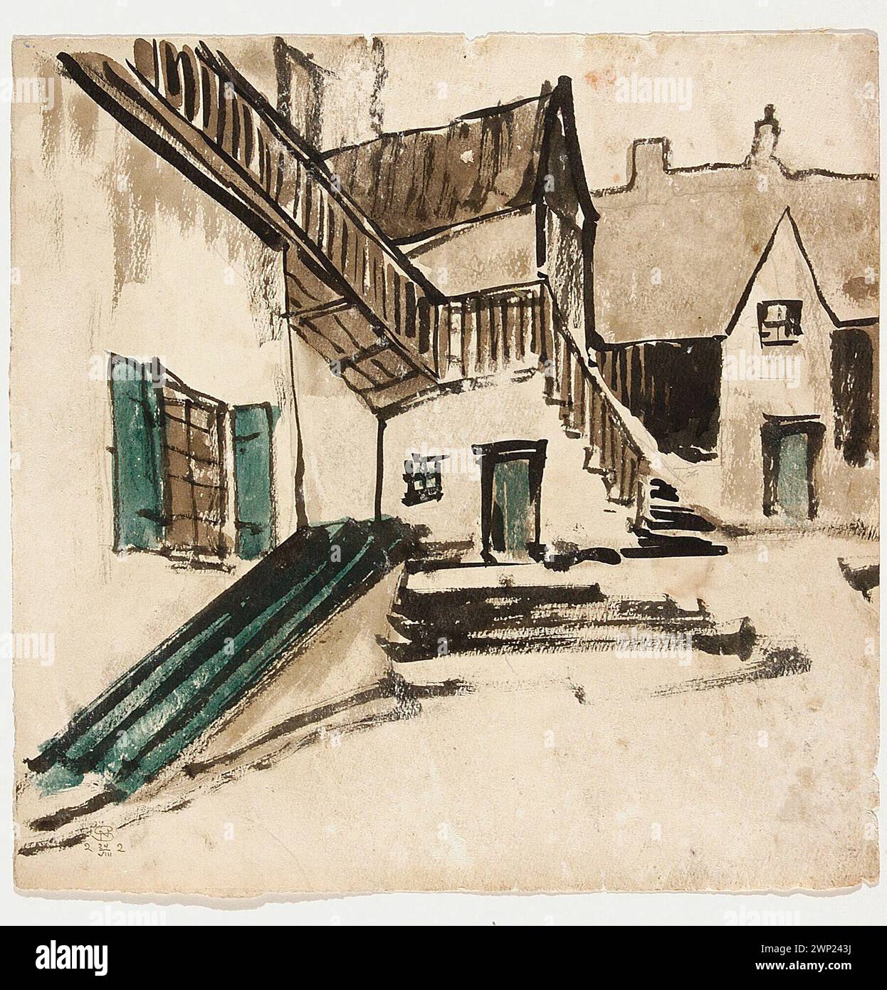 Polish architecture. The yard of an old house with wooden stairs on the ...