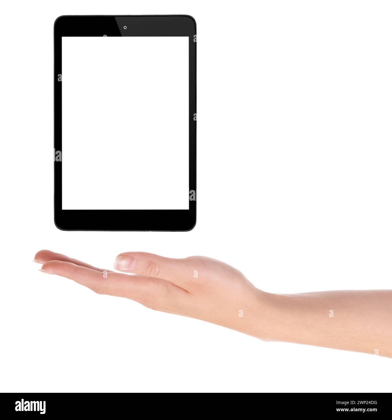 Hand, tablet and screen on display in studio, social media and product ...