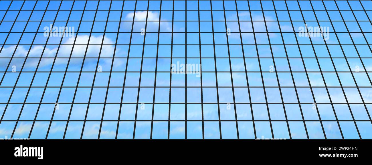 One-point perspective of a glass wall of a high-rise building with ...