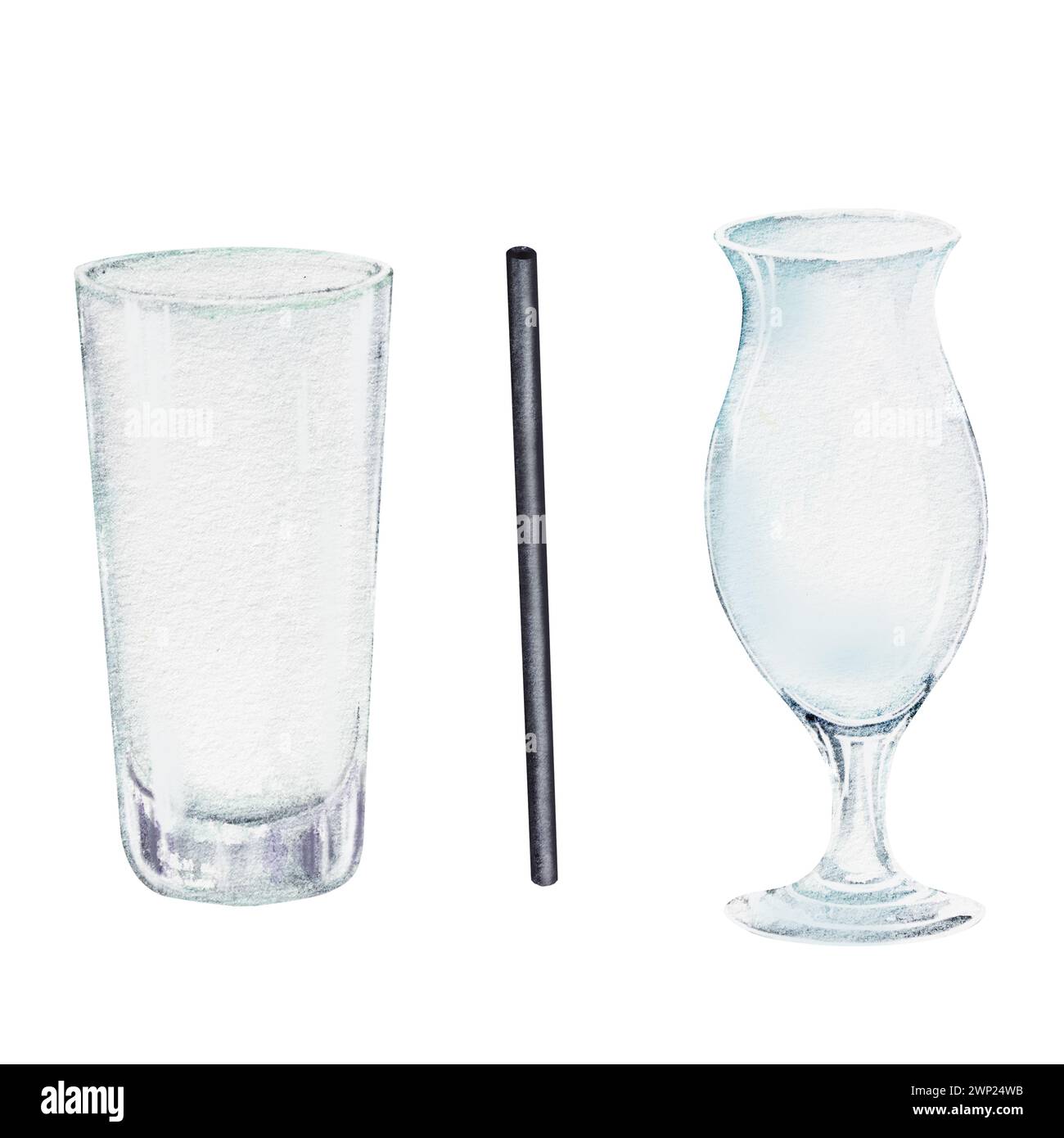 Watercolor illustration of glass goblets and drink glasses. Hand drawn ...