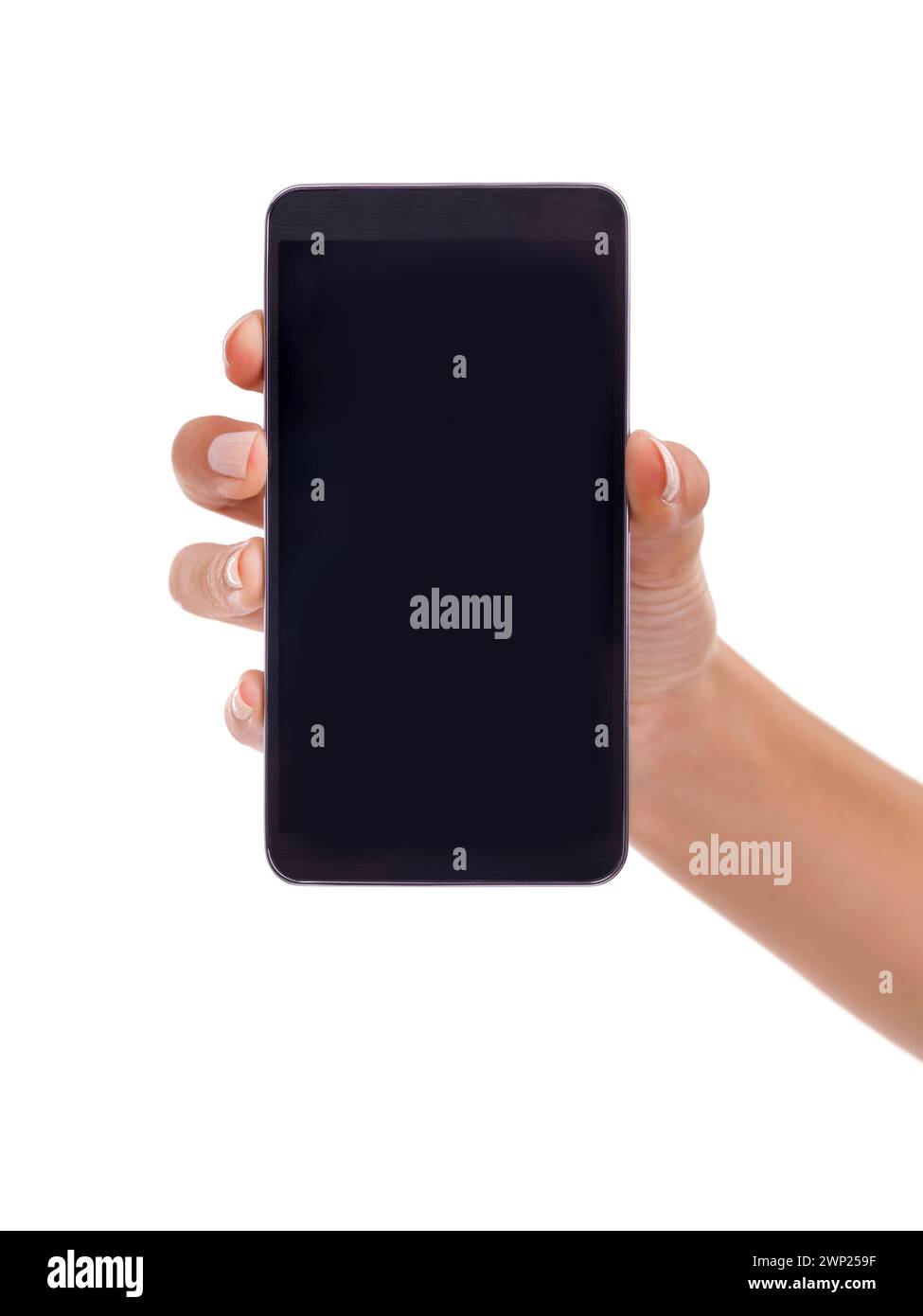 Hand, phone screen and blank in studio, display and mockup space or ...