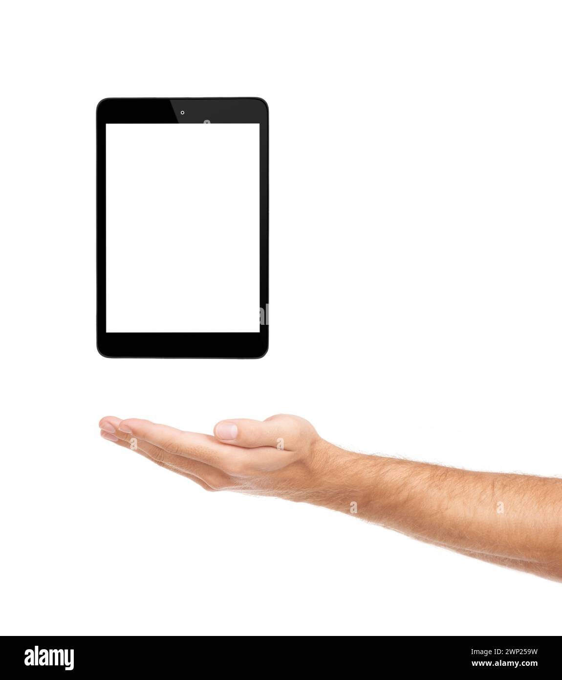 Hand, tablet and screen for marketing in studio, display and product ...