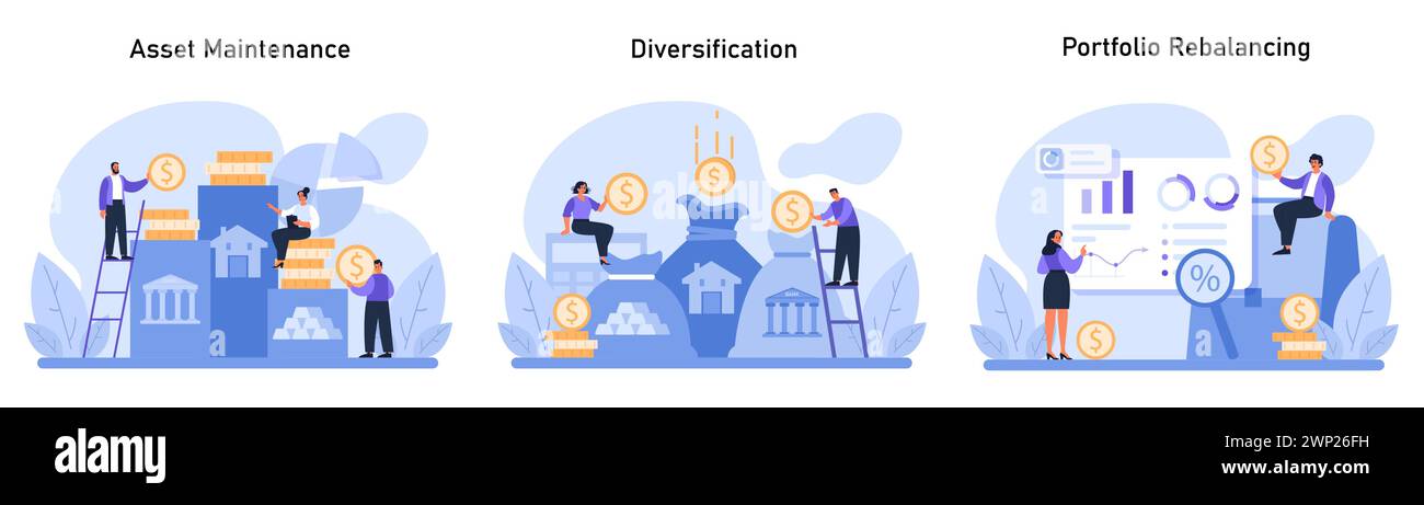 Wealth Management set. Illustrating asset upkeep, investment diversity ...