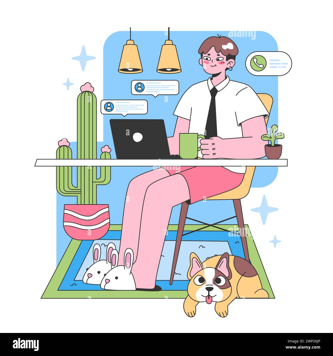 Home workspace scene. Man with laptop enjoying a quiet moment, sipping ...