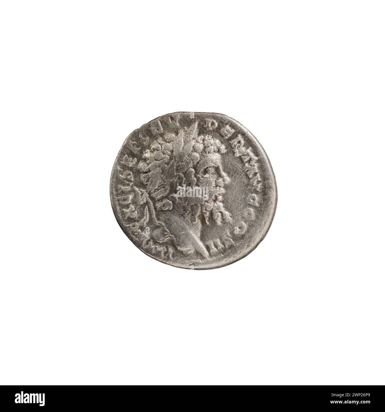 "Denarius coin issued in 194 CE, featuring imperial portrait ...