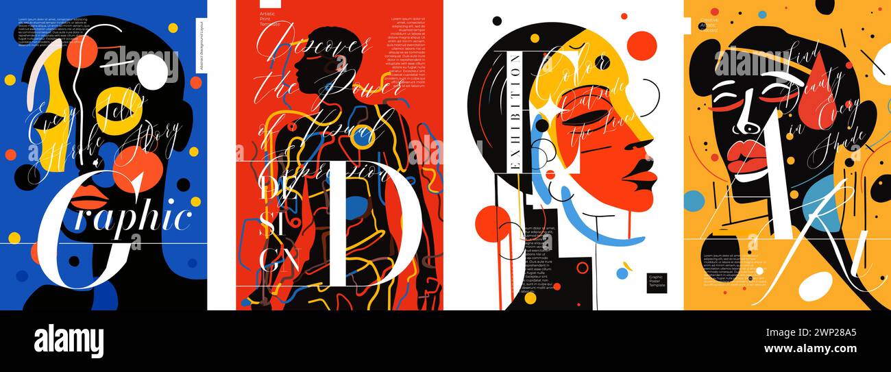 Artistic poster set. Abstract person portrait in simple graphic color ...