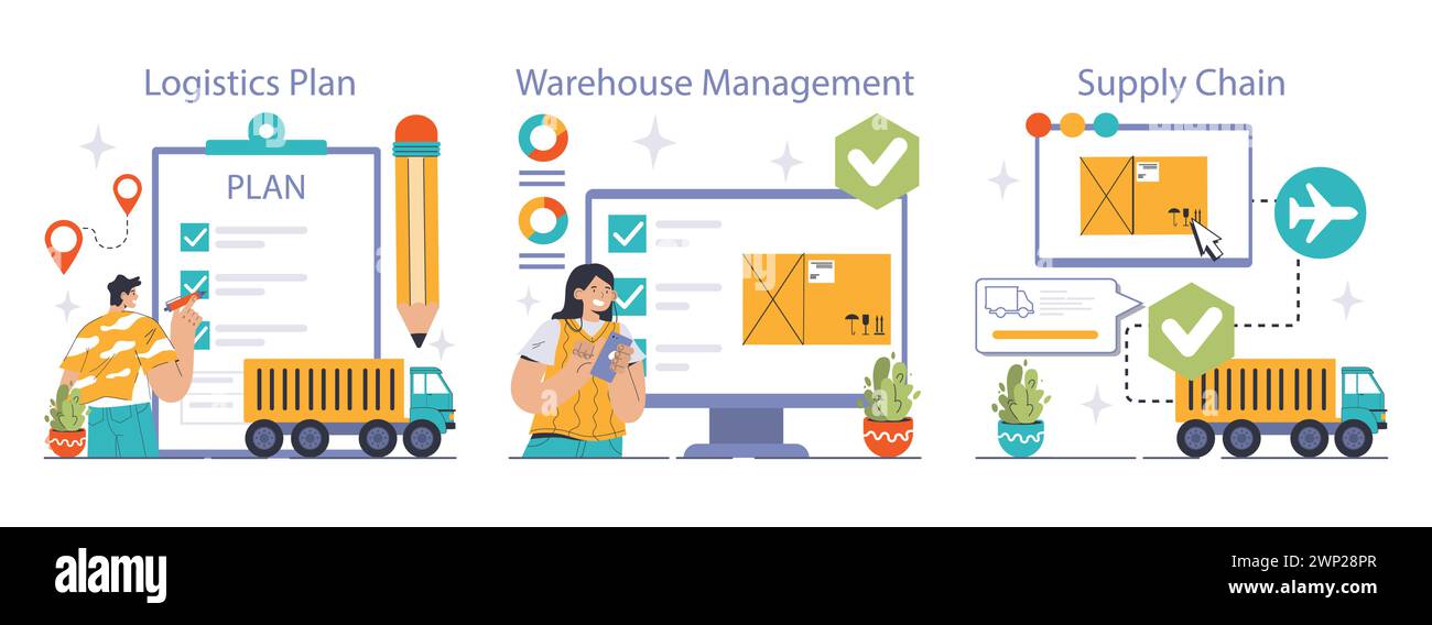 Logistics and Supply Chain Management set. Efficient planning, warehouse organization, and ...