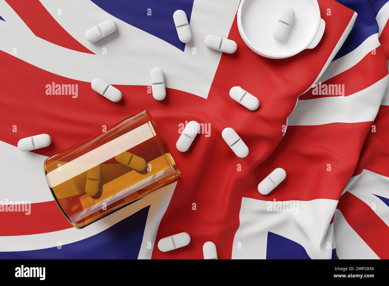 White pills from orange bottle being scattered on the national flag of ...
