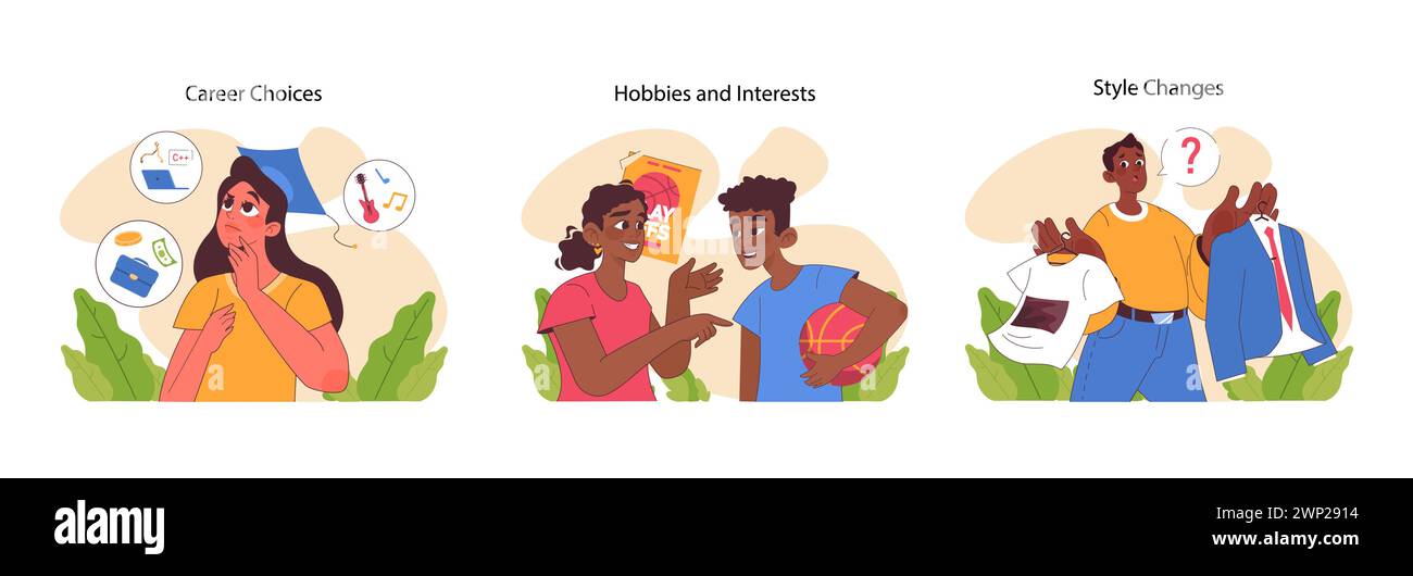 Adolescent Development set. Young individuals exploring career paths ...