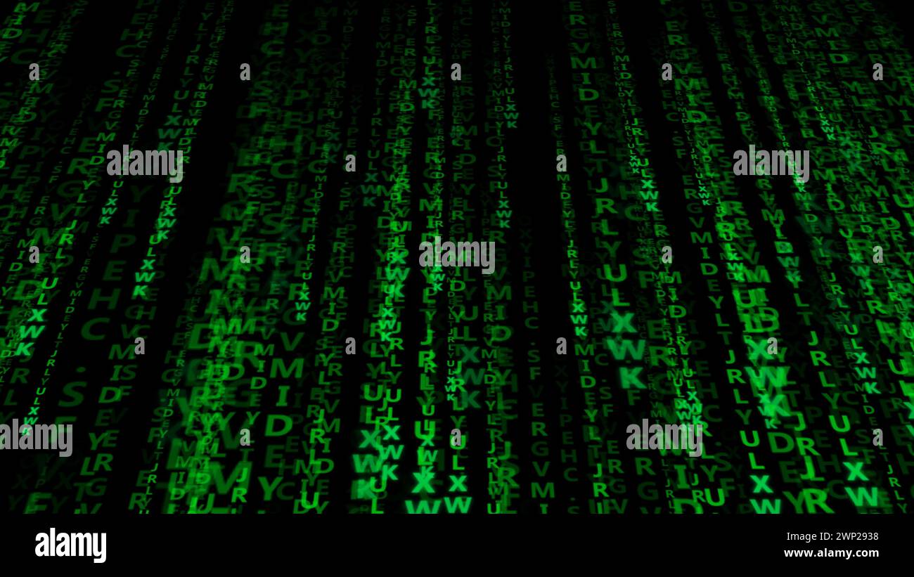 Abstract green letters on a black background. 3d render illustration ...