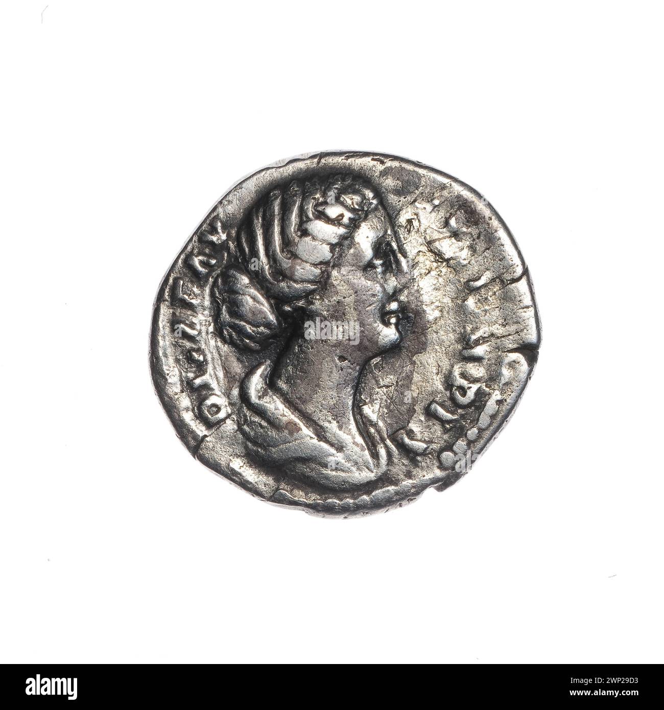 A Roman denarius minted after 176 depicting Empress Faustina II with ...