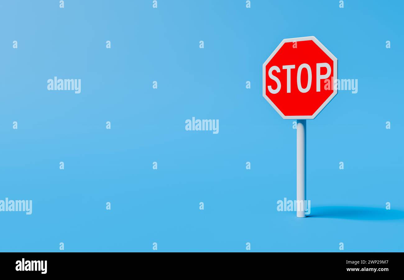Stop sign standing on blue background with copy space on the left. 3d ...