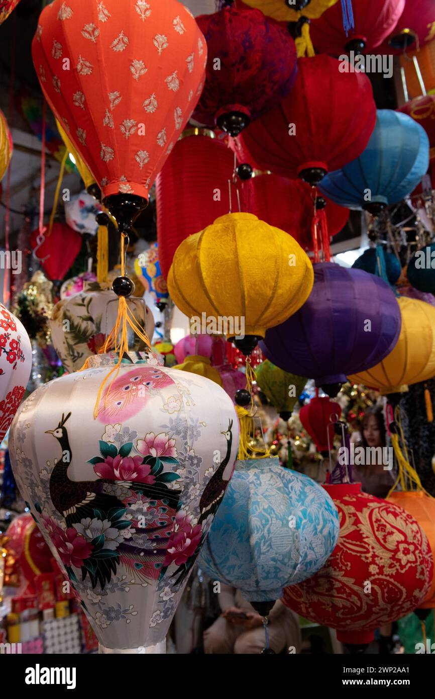 Traditional Vietnamese silk lantern light covers in various colors and ...