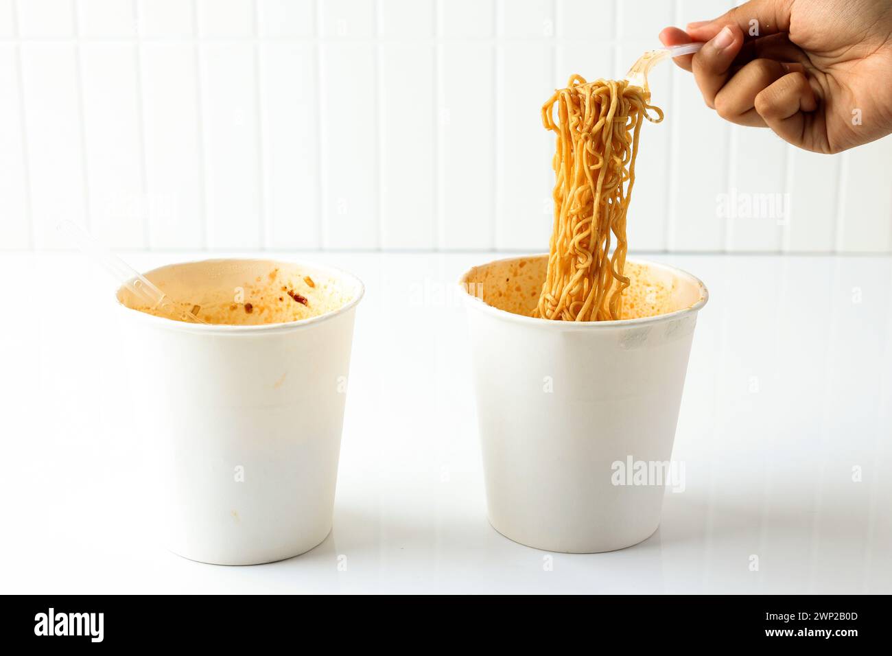 Eat Instant Noodle Cup with Soy and Spicy Sauce, Female Gand Lifting ...