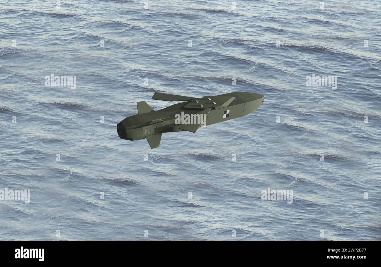 Taurus Cruise Missile flies over the sea, low poly 3D model. Taurus ...
