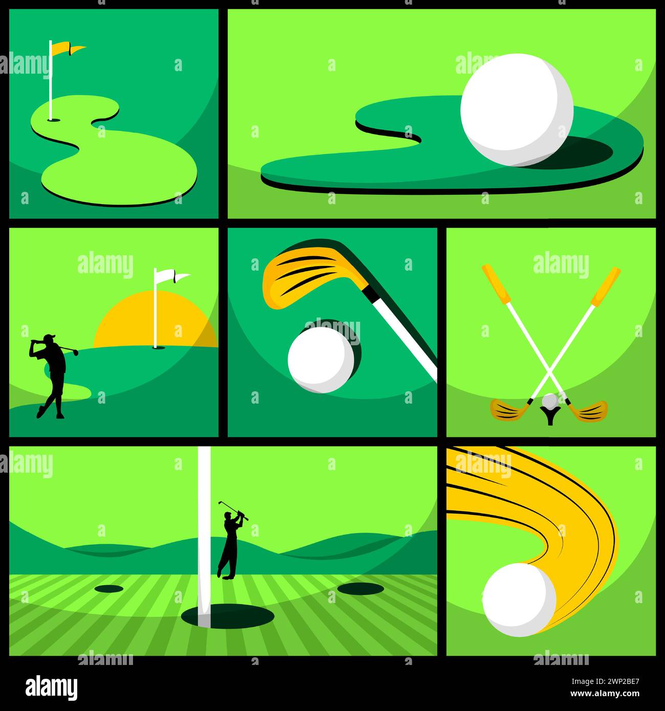 Creative collage. Set of golf items in green and yellow colors - golfer ...