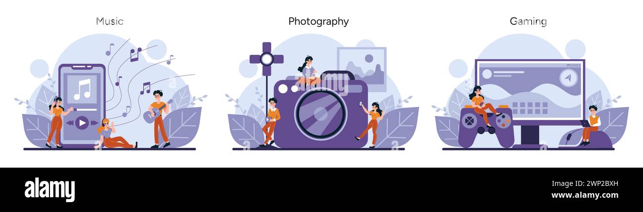 Technological hobbies set. People enjoy music near a giant smartphone ...