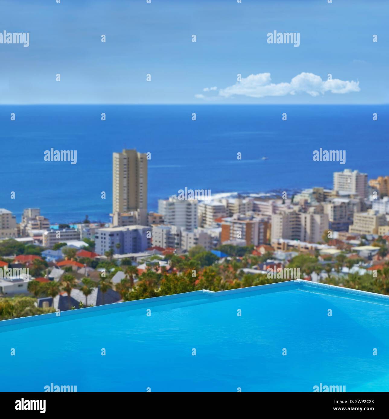 Swimming pool, city and building or ocean outdoor at travel destination ...