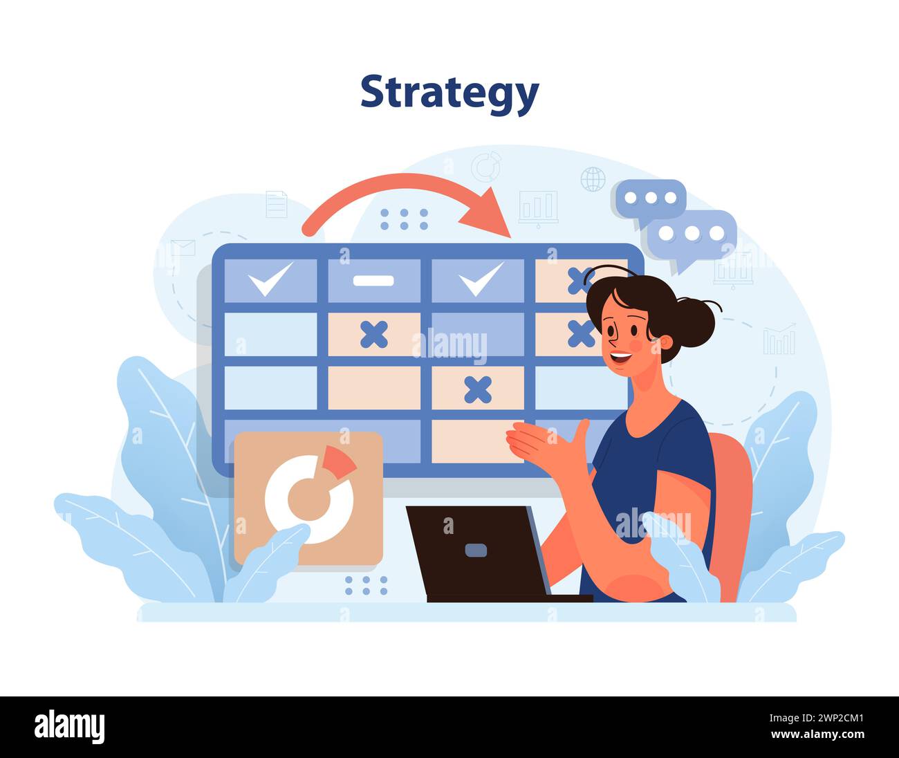 Strategy in action. Enthusiastic woman presents monthly planner ...