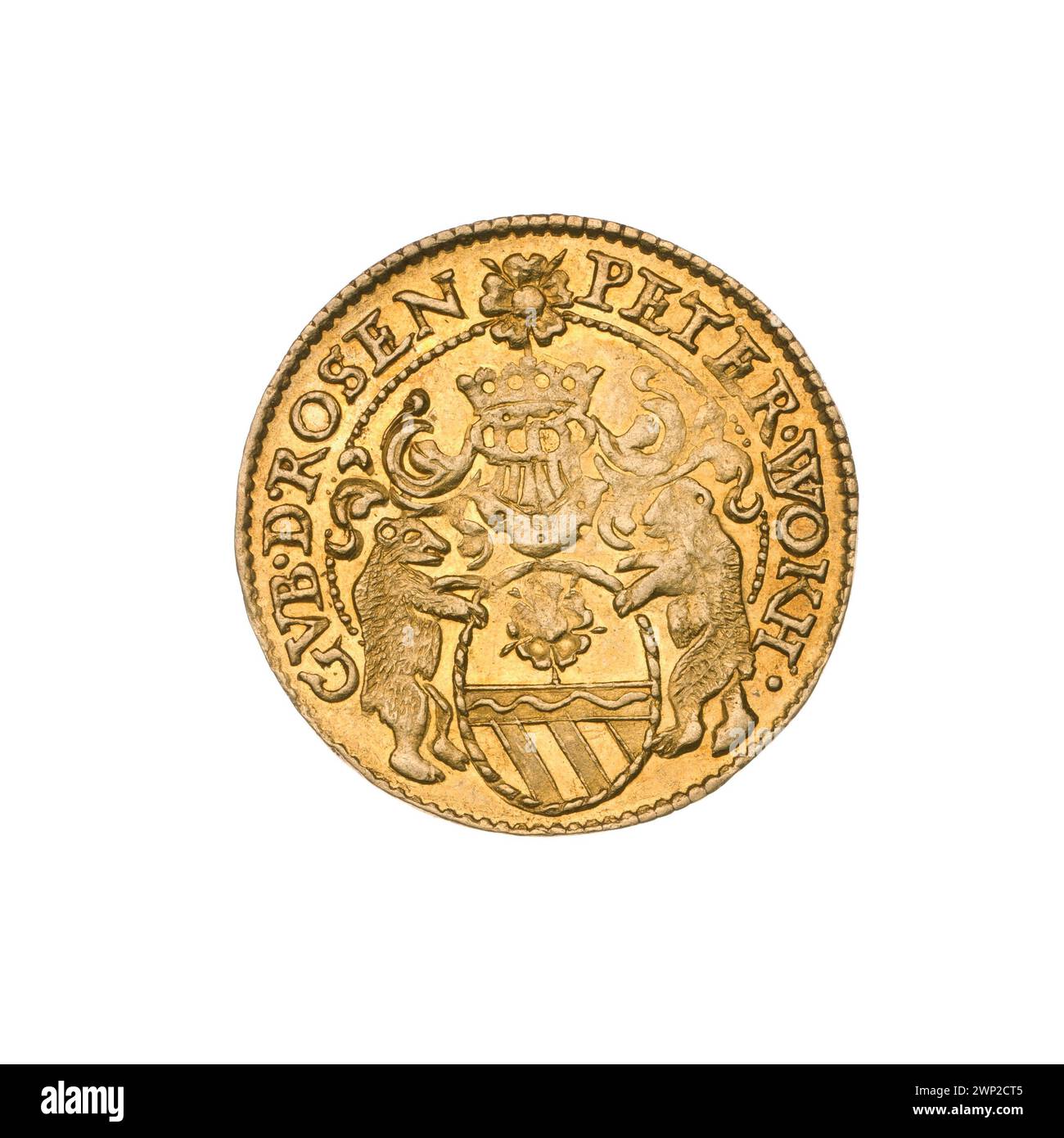 Ducat issued in 1592 under Piotr WOK, featuring Rosenberg coat of arms ...