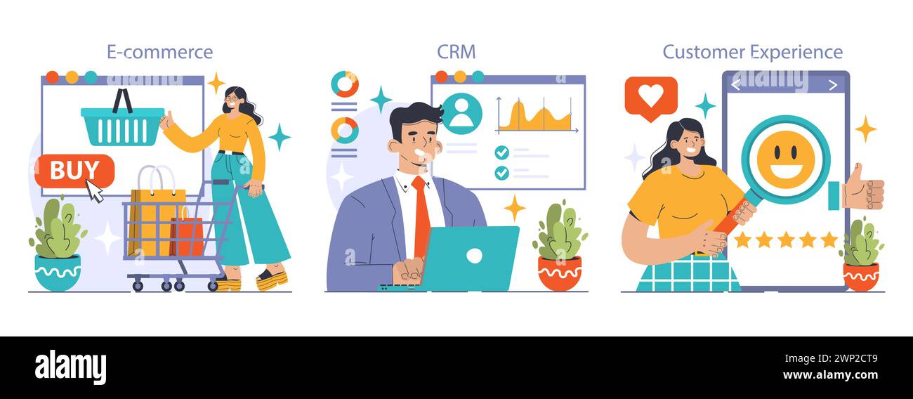 Business Operations set. Digital shopping with E-commerce, strategic ...