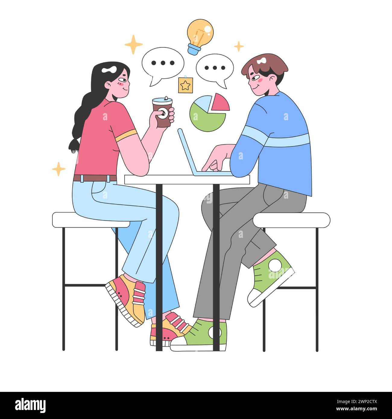 Two colleagues collaborate over coffee, sharing insights as they ...